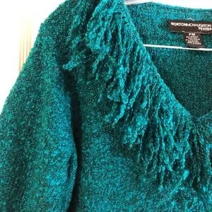 Norton McNaughton | Sweaters | Teal Knobby Knit Sweater With Fringe ...